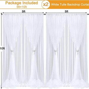 10ft x 10ft White Tulle Backdrop Curtain Panels, Dual Layer Wrinkle Free White Curtain Backdrop Tulle Drapes for Wedding Parties Birthday Graduation Photography Home Decorations