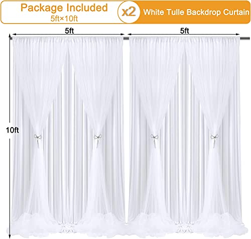 10ft x 10ft White Tulle Backdrop Curtain Panels, Dual Layer Wrinkle Free White Curtain Backdrop Tulle Drapes for Wedding Parties Birthday Graduation Photography Home Decorations