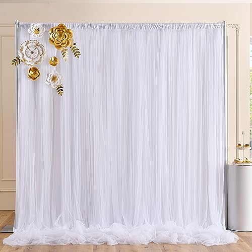 10ft x 10ft White Tulle Backdrop Curtain Panels, Dual Layer Wrinkle Free White Curtain Backdrop Tulle Drapes for Wedding Parties Birthday Graduation Photography Home Decorations