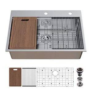 horow 33 inch drop in workstation kitchen sink, 18 gauge topmount drop in sink for kitchen, sus 304 stainless steel sink with 2 holes, deep single bowl kitchen sink with accessories, 33"x22"x10"