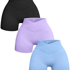 OQQ Women's 3 Piece Yoga Ribbed Seamless Workout High Waist Cross Over Athletic Legging Shorts, Black Lavender Candyblue, Large