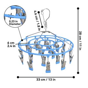 Funamily Clothes Drying Rack,Stainless Steel Laundry Drip Hanger with 24 Clips, Heavy Duty Round Swivel Windproof Hook Underwear Hanger for Drying Towel, Bras, Sock,Lingerie, Baby Clothes (Blue)