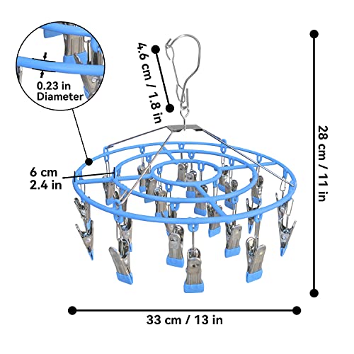 Funamily Clothes Drying Rack,Stainless Steel Laundry Drip Hanger with 24 Clips, Heavy Duty Round Swivel Windproof Hook Underwear Hanger for Drying Towel, Bras, Sock,Lingerie, Baby Clothes (Blue)