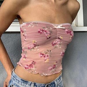 Y2k Fashion Tube Tops for Women Fairy Grunge Boho Bandeau Top Strapless Sexy Sheer Lace Tank 2000s Clothing