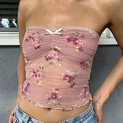 Y2k Fashion Tube Tops for Women Fairy Grunge Boho Bandeau Top Strapless Sexy Sheer Lace Tank 2000s Clothing