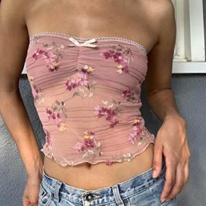 Y2k Fashion Tube Tops for Women Fairy Grunge Boho Bandeau Top Strapless Sexy Sheer Lace Tank 2000s Clothing