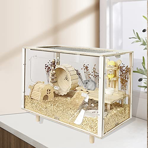 Cawuwe Wooden Hamster Cage Large for Small Animal Habitat for Rabbits Guinea Pigs Chinchillas Syrian Hamsters Home with Acrylic Transparent Board Oblique Opening Hamster Play House