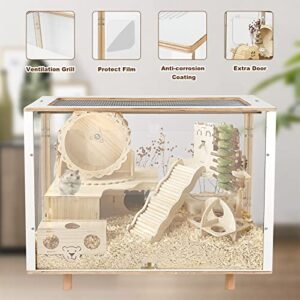 Cawuwe Wooden Hamster Cage Large for Small Animal Habitat for Rabbits Guinea Pigs Chinchillas Syrian Hamsters Home with Acrylic Transparent Board Oblique Opening Hamster Play House