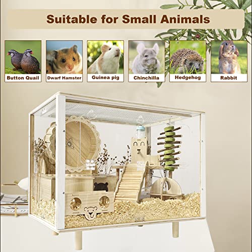 Cawuwe Wooden Hamster Cage Large for Small Animal Habitat for Rabbits Guinea Pigs Chinchillas Syrian Hamsters Home with Acrylic Transparent Board Oblique Opening Hamster Play House