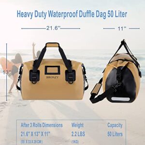 BRONZY Waterproof Duffel Bag 50L Dry Duffel Bag Heavy Duty Bag,Durable Straps And Handles,Large Space,Heat Seal Finishing For Camping,Kayaking,Rafting,Boating,Travel(Khaki)