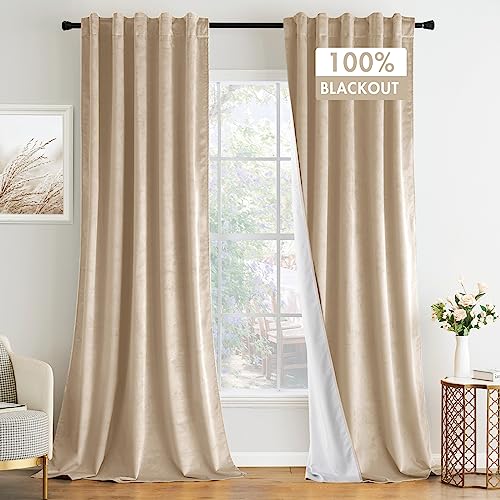 MIULEE 100% Blackout Velvet Curtains 96 Inches Long 2 Panels, Beige Black Out Window Drapes for Bedroom Living Room Back Tab Rod Pocket Full Room Darkening Thermal Insulated Noise Reducing Curtains