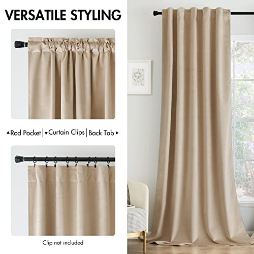 MIULEE 100% Blackout Velvet Curtains 96 Inches Long 2 Panels, Beige Black Out Window Drapes for Bedroom Living Room Back Tab Rod Pocket Full Room Darkening Thermal Insulated Noise Reducing Curtains