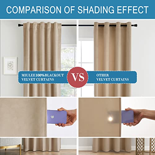 MIULEE 100% Blackout Velvet Curtains 96 Inches Long 2 Panels, Beige Black Out Window Drapes for Bedroom Living Room Back Tab Rod Pocket Full Room Darkening Thermal Insulated Noise Reducing Curtains