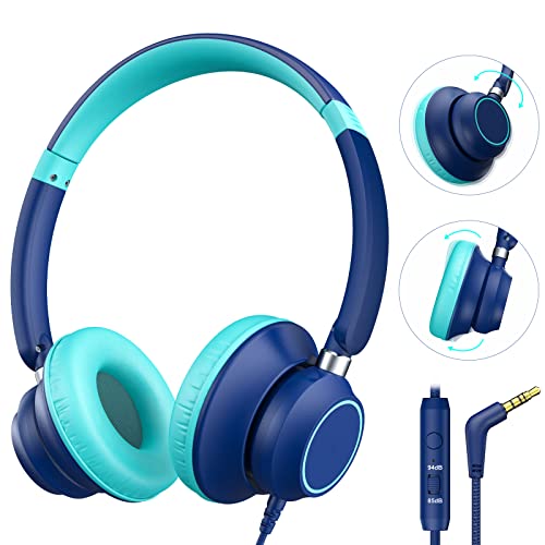 Cowyawn Toddler Headphones Ultra Light Comfort Kids Headphones, Rotatable Wired Headphones with Microphone for Toddlers Kids for School Travel Airplane, 85dB/94dB Volume Limit, 3.5mm Jack, Navy/Teal