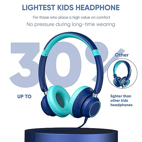 Cowyawn Toddler Headphones Ultra Light Comfort Kids Headphones, Rotatable Wired Headphones with Microphone for Toddlers Kids for School Travel Airplane, 85dB/94dB Volume Limit, 3.5mm Jack, Navy/Teal