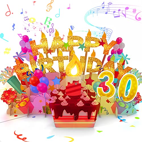 30th Musical Birthday Card with Light & Blowable Candle, Pop-Up Birthday Card for 30 Years Old Male Female, Applause Cheers Sound Effect - Unique Greeting Card 30 Bday Gift Ideas for Women Men