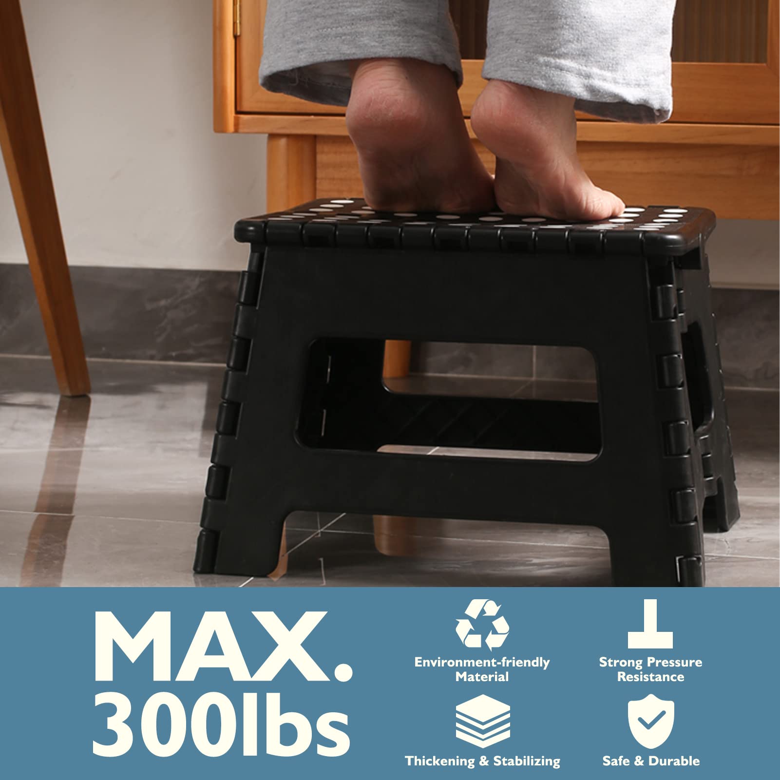 SUGARLEE Folding Step Stool, 11" Anti-Skid Step Stool with Handle,Sturdy Enough to Hold 300 Lb Plastic Foldable Step Stool for Kids-Lightweight Foot Stool for Kitchen, Bathroom, Bedroom (Black)