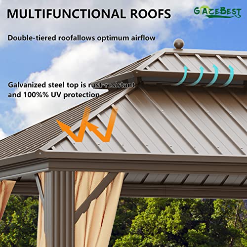 GAZEBEST 12'x20' Hardtop Gazebo Outdoor Aluminum Patio Gazebo Double Roof Galvanized Steel Gazebo Canopy Wooden Finish Coated with Netting and Curtains,for Garden Patio,Patio Backyard,Deck and Lawns