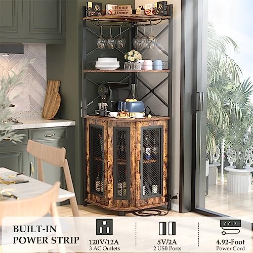 Aheaplus Corner Bar Cabinet with Power Outlet, Industrial Wine Cabinet with LED Strip and Glass Holder, 5-Tiers Liquor Cabinet Bar Unit for Home, Corner Display Cabinet for Small Space, Rustic Brown