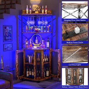 Aheaplus Corner Bar Cabinet with Power Outlet, Industrial Wine Cabinet with LED Strip and Glass Holder, 5-Tiers Liquor Cabinet Bar Unit for Home, Corner Display Cabinet for Small Space, Rustic Brown