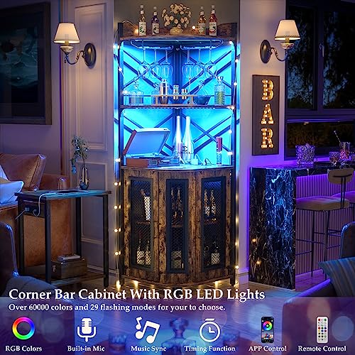 Aheaplus Corner Bar Cabinet with Power Outlet, Industrial Wine Cabinet with LED Strip and Glass Holder, 5-Tiers Liquor Cabinet Bar Unit for Home, Corner Display Cabinet for Small Space, Rustic Brown