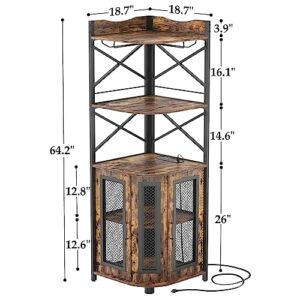 Aheaplus Corner Bar Cabinet with Power Outlet, Industrial Wine Cabinet with LED Strip and Glass Holder, 5-Tiers Liquor Cabinet Bar Unit for Home, Corner Display Cabinet for Small Space, Rustic Brown