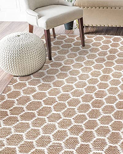 Durrie India Hand Woven Jute Braided Rug 6' x 4' Natural Hexagon Pattern Farmhouse Accent Rugs for Living Room, Kitchen, Bedroom Area Rug Blue and Beige(72x48 Inches)