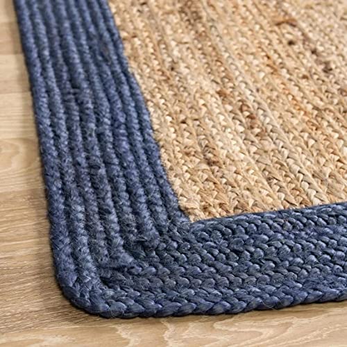 Durrie India Hand Woven Jute Braided Rug 6' x 4' Natural Frame Pattern Farm House Accent Rugs for Living Room, Kitchen, Bedroom Area Rug Blue and Beige(72x48 Inches)