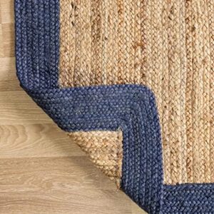 Durrie India Hand Woven Jute Braided Rug 6' x 4' Natural Frame Pattern Farm House Accent Rugs for Living Room, Kitchen, Bedroom Area Rug Blue and Beige(72x48 Inches)