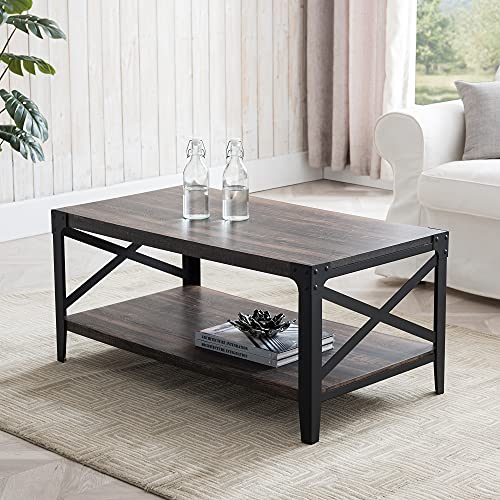 OKD Industrial Coffee Table for Living Room, 40 Inch Rustic Rectangular Center Table with Open Storage Shelf, Wood Cocktail Table with Sturdy X-Shaped Metal Frame, Dark Rustic Oak