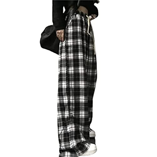 Womens Casual Plaid Baggy Jeans High Waisted Goth Grunge Pants Y2K Clothing Drawstring Pants Streetwear Black