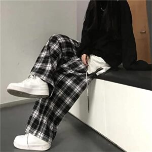 Womens Casual Plaid Baggy Jeans High Waisted Goth Grunge Pants Y2K Clothing Drawstring Pants Streetwear Black