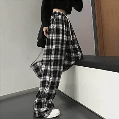 Womens Casual Plaid Baggy Jeans High Waisted Goth Grunge Pants Y2K Clothing Drawstring Pants Streetwear Black