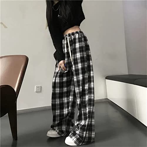 Womens Casual Plaid Baggy Jeans High Waisted Goth Grunge Pants Y2K Clothing Drawstring Pants Streetwear Black