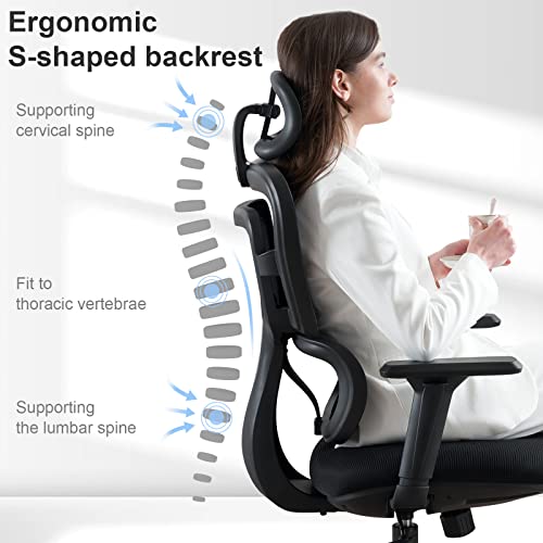 Ergonomic Office Chair - Mesh Office Chair High Back, Rolling Desk Chair, Executive Swivel Chair, Computer Chair with 3D Adjustable Armrest, 3D Lumbar Support, Blade Wheels, Adjustable Headrest