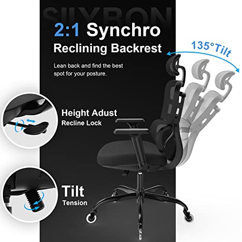 Ergonomic Office Chair - Mesh Office Chair High Back, Rolling Desk Chair, Executive Swivel Chair, Computer Chair with 3D Adjustable Armrest, 3D Lumbar Support, Blade Wheels, Adjustable Headrest