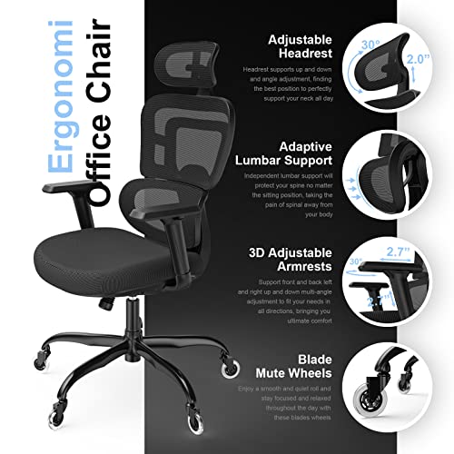 Ergonomic Office Chair - Mesh Office Chair High Back, Rolling Desk Chair, Executive Swivel Chair, Computer Chair with 3D Adjustable Armrest, 3D Lumbar Support, Blade Wheels, Adjustable Headrest