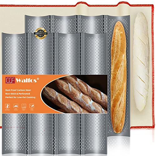 WALFOS 2PCS French Baguette Bread Pan ，with Professional Proofing Cloth, 15"X 13" Non-stick french bread pan, 4 Wave Loaves Loaf baguette pan for baking Toast Perforated Bakers Molding