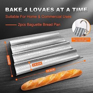 WALFOS 2PCS French Baguette Bread Pan ，with Professional Proofing Cloth, 15"X 13" Non-stick french bread pan, 4 Wave Loaves Loaf baguette pan for baking Toast Perforated Bakers Molding