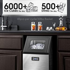 Joy Pebble Commercial Ice Maker Machine,100 lbs/day,33 lbs Basket,2-Way Add Water, Commercial Ice Machine with 7-Gear Ice Thickness,24 Hour Timer,Self Cleaning Ice Maker for Bar,Restaurant,Home,Office