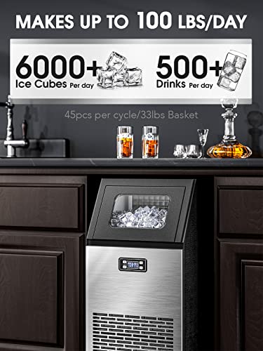 Joy Pebble Commercial Ice Maker Machine,100 lbs/day,33 lbs Basket,2-Way Add Water, Commercial Ice Machine with 7-Gear Ice Thickness,24 Hour Timer,Self Cleaning Ice Maker for Bar,Restaurant,Home,Office