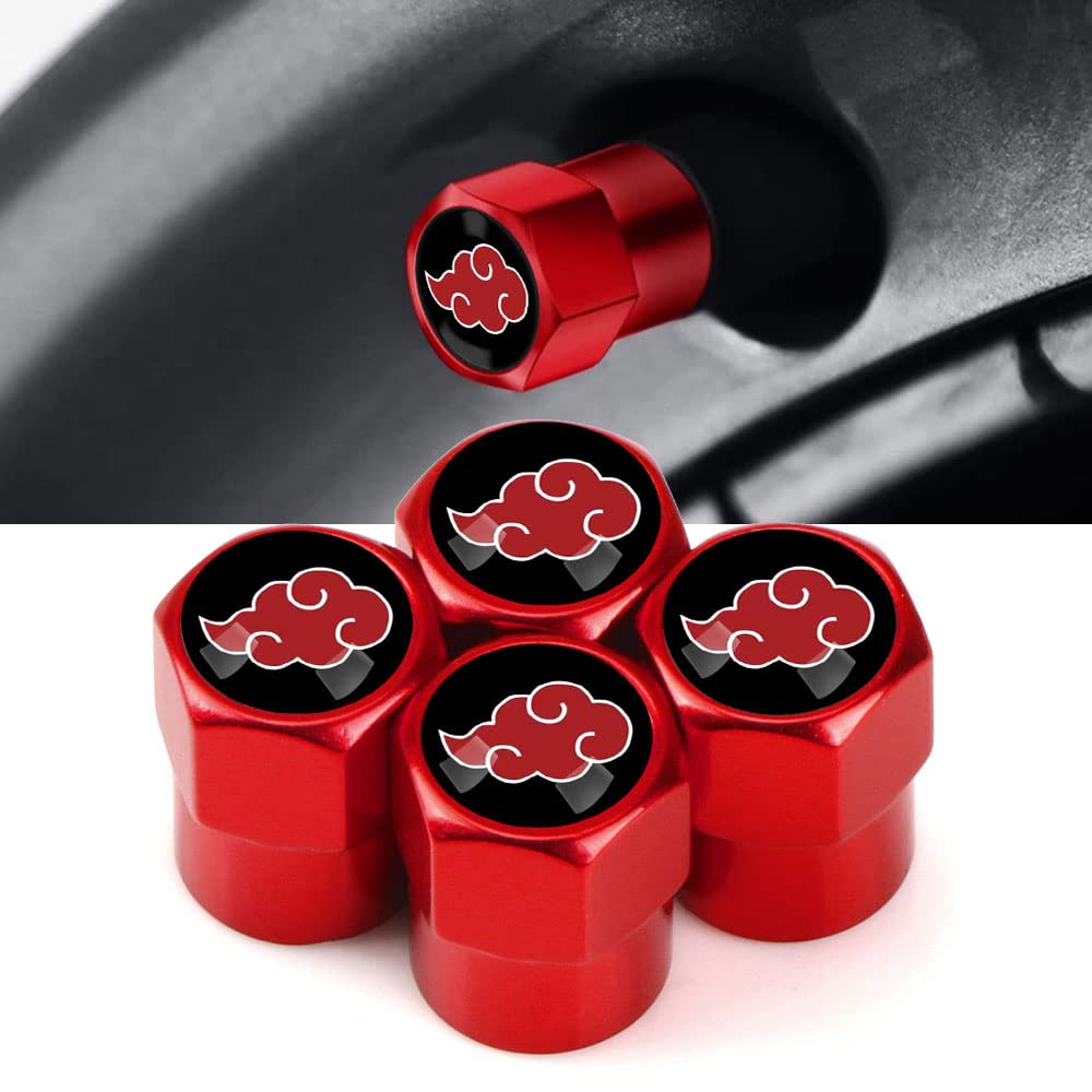 Anime Tire Valve Stem Caps, 4 PCS Car Tire Air Caps Cover, Hexagon Design Light-Weight Aluminum Alloy Screw-On Universal Auto Wheel Tire Stem Covers for Car Truck SUV Motorcycles Bike, Cloud, Red