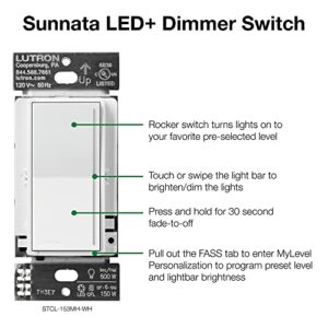 Lutron Sunnata Touch Dimmer Switch with Wallplate with LED+ Advanced Technology, for LED and Incandescent, 3 Way/Multi Location, STCL-153MW-WH, White