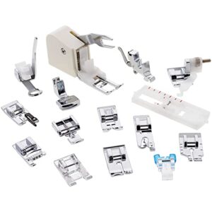 sewable 15 piece presser feet set with walking foot | fits low shank sewing machines - brother, janome, singer, baby lock, kenmore, and more | 14 presser feet, snap on adapter, and storage case