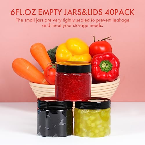 Plastic Containers with Lids 6oz 40Pack, Jaisie.W Empty 6 oz Small Containers with Lids&Labels- Refillable Plastic Jars with Lids -Sugars Scrub Jars/Slime Containers (6 fl.oz, 40Pack)