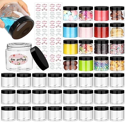 Plastic Containers with Lids 6oz 40Pack, Jaisie.W Empty 6 oz Small Containers with Lids&Labels- Refillable Plastic Jars with Lids -Sugars Scrub Jars/Slime Containers (6 fl.oz, 40Pack)