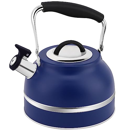 Rorence 3 Quart Whistling Tea Kettle: Stainless Steel Tea Pot with Capsule Bottom for Stovetop - Blue