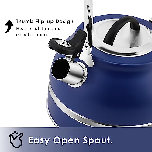 Rorence 3 Quart Whistling Tea Kettle: Stainless Steel Tea Pot with Capsule Bottom for Stovetop - Blue