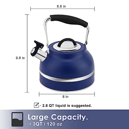 Rorence 3 Quart Whistling Tea Kettle: Stainless Steel Tea Pot with Capsule Bottom for Stovetop - Blue