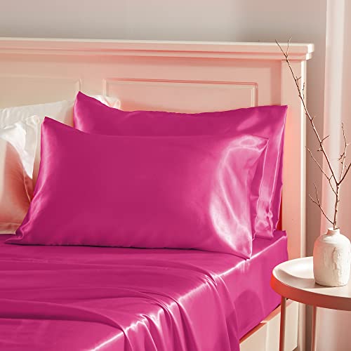 Manyshofu Hot Pink Satin Pillowcase for Hair Protection- 2Pcs Standard Pillow Cases, Luxury & Silky Pillowcases 20x26 Pillow Covers with Envelope Closure